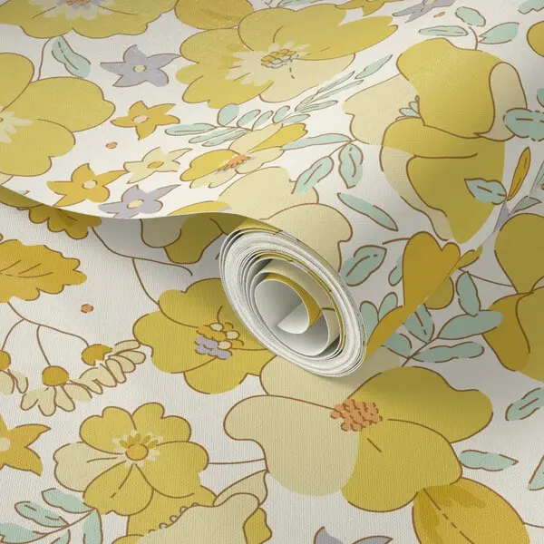 Spoonflower Yellow Flowers Floral Retro Summer Illustration Traditional Wallpaper - Yellow,gray,beige