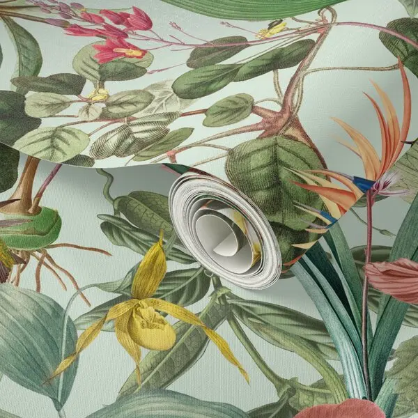 Spoonflower Tropical Garden Green Custom Pre-pasted Wallpaper - Green,mint,brown