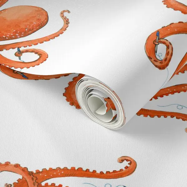 Spoonflower Red Artist Pen Squid Octopus Coral Octopi Custom Pre-pasted Wallpaper - Orange,gray,red