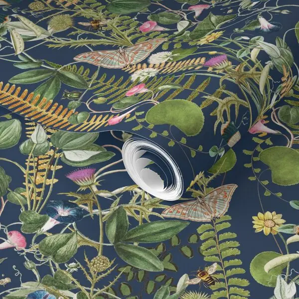 Spoonflower Wild Garden Iris Blue Vintage Spring Botanical Custom Pre-pasted Wallpaper - Gray,beige,green