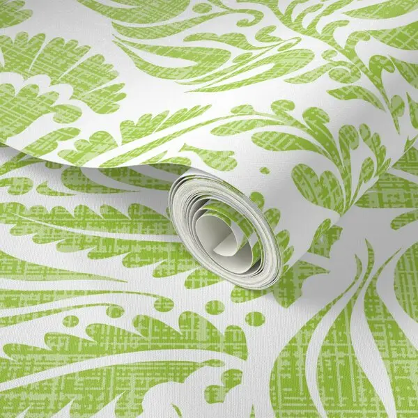 Spoonflower Bloom Lime Flowers Floral Botanical Leaf Carnation Custom Pre-pasted Wallpaper - Green,white,gray