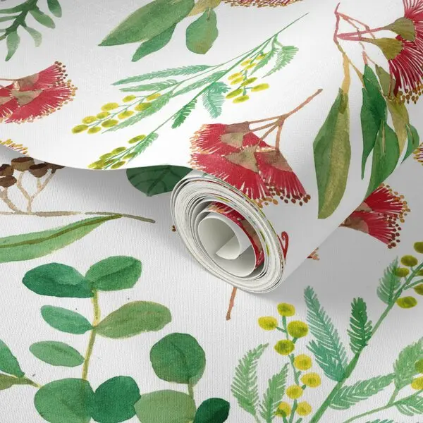 Spoonflower Leaves Foliage Botanical Wattle Gumnuts Eucalyptus Traditional Wallpaper - Gray,red,green