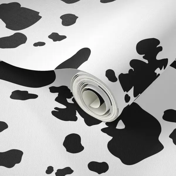 Spoonflower Black White Cow Spots Animal Print Farm Shapes Custom Pre-pasted Wallpaper - Black,white,gray
