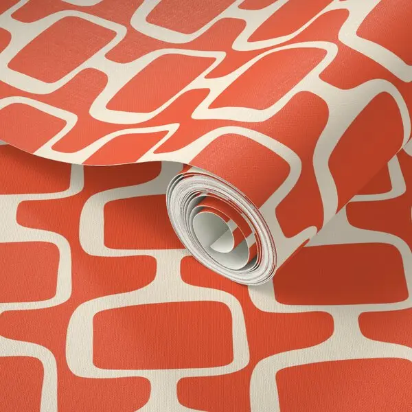 Spoonflower Cream Red Retro Modern Abstract Funky Mod Custom Removable Wallpaper - Coral,beige,orange
