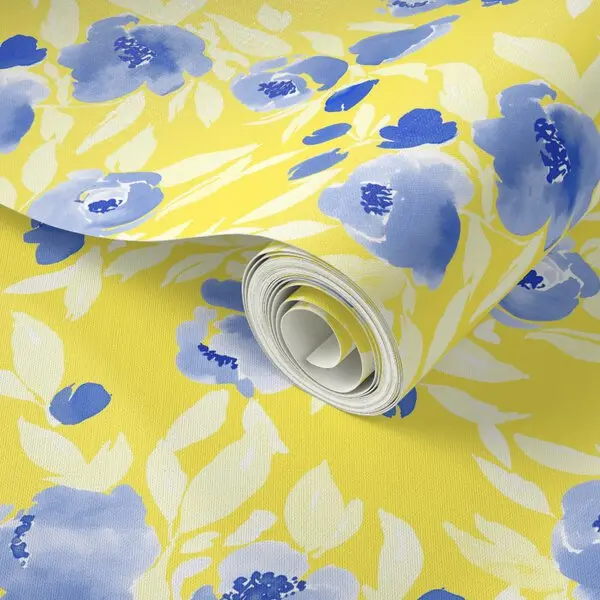 Spoonflower Yellow And Blue Floral Watercolor Jacqueline Custom Pre-pasted Wallpaper - Yellow,blue