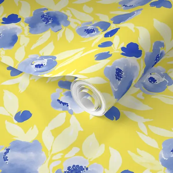 Spoonflower Yellow And Blue Floral Watercolor Jacqueline Custom Removable Wallpaper - Yellow,blue