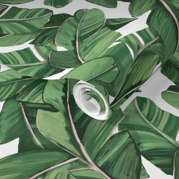 Spoonflower Forest Colourful Foliage Big Banana Leaves Great Traditional Wallpaper - Green,gray