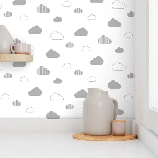 Spoonflower Clouds Sky And White In Grey Custom Removable Wallpaper