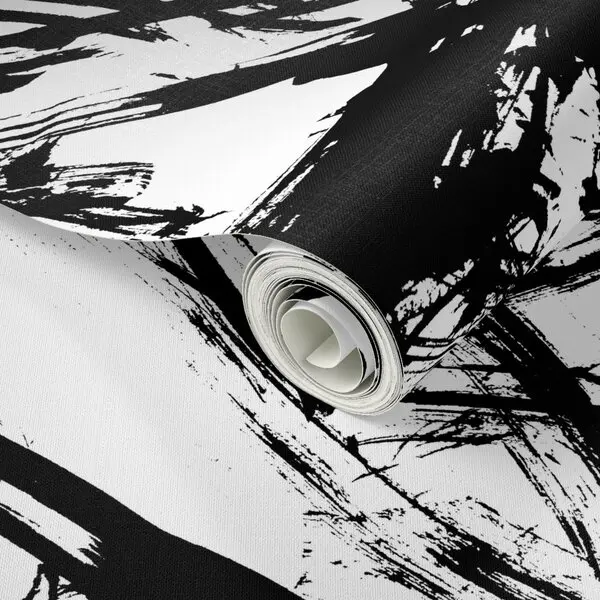 Spoonflower Ink Black White Modern Abstract Bohemian Paint Custom Removable Wallpaper - Black,white,gray