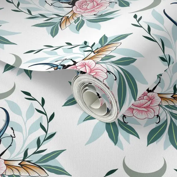 Spoonflower Pink Black Blue Floral Rose Romantic Insect Traditional Wallpaper - Blue,green,gray