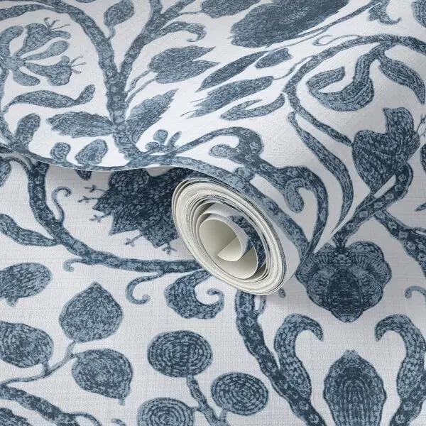 Spoonflower Blue White Delft Damask Victorian Arts And Crafts Custom Pre-pasted Wallpaper - Blue,white,gray