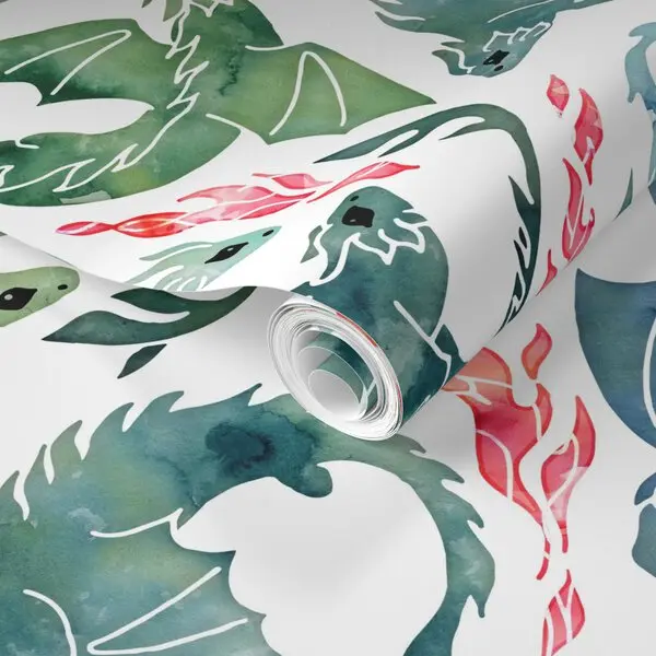 Spoonflower Dragon Fire Blue Green Small Fantasy Fantasical Traditional Wallpaper - Blue,green,mint