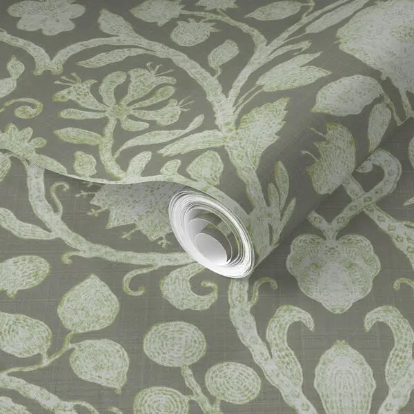 Spoonflower Floral Damask French Spring Custom Removable Wallpaper - Green,white,sage