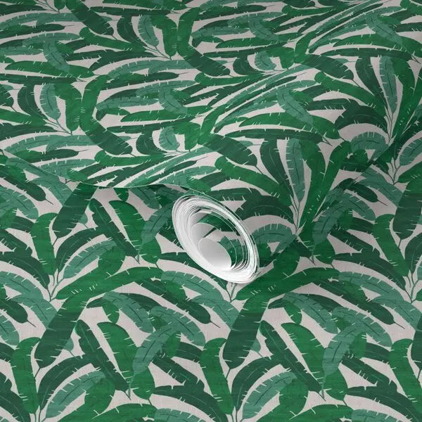 Spoonflower Leaf Jungle Texture Banana Ocean Traditional Wallpaper - Green,gray,mint