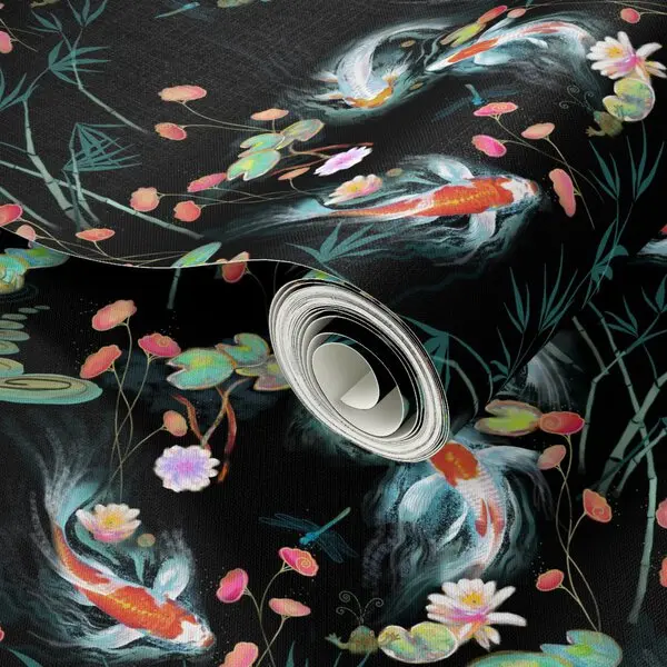 Spoonflower Japanese Water Garden Black Asian Teal Chinese Custom Pre-pasted Wallpaper - Black,orange,pink