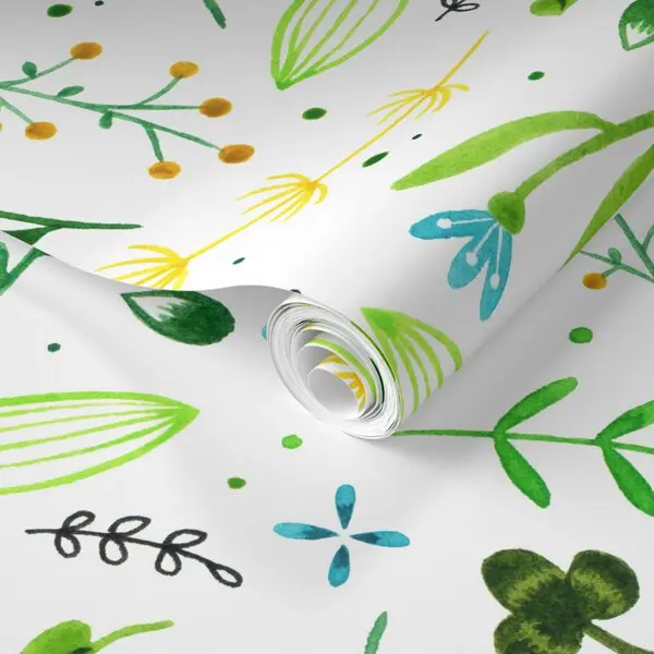 Spoonflower Green Blue Yellow Flowers Floral Nature Light Custom Pre-pasted Wallpaper - Green,blue,yellow
