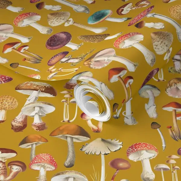 Spoonflower Mushies Mustard Small Woodland Mushrooms Forest Custom Pre-pasted Wallpaper - Gold,orange,beige
