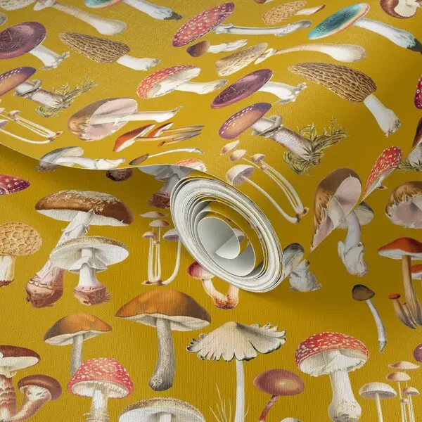 Spoonflower Mushies Mustard Small Woodland Mushrooms Forest Custom Pre-pasted Wallpaper - Gold,orange,beige