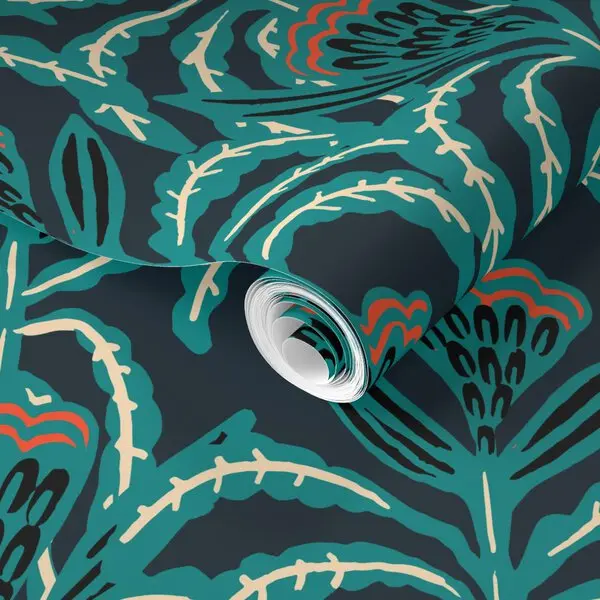 Spoonflower Maisey Teal Flower Floral Bohemian Botanical Custom Pre-pasted Wallpaper - Green,black,blue