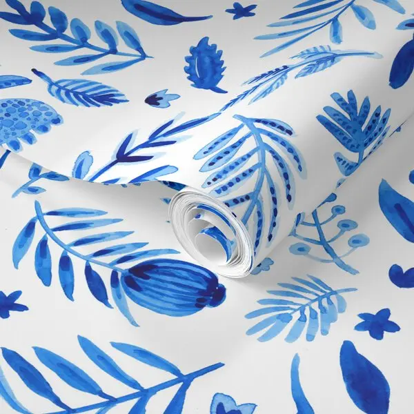 Spoonflower Blue Flowers Leaves Floral Blues Foliage Fleurs Custom Pre-pasted Wallpaper - Blue,gray
