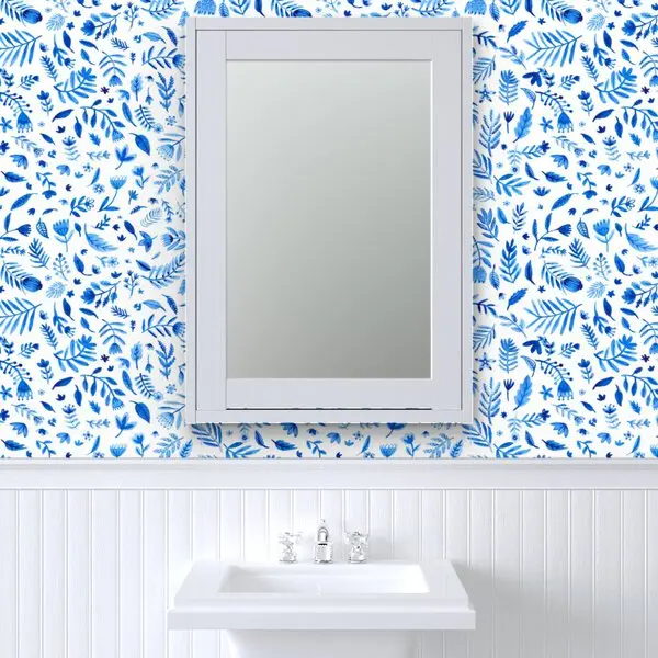 Spoonflower Blue Flowers Leaves Floral Blues Foliage Fleurs Custom Pre-pasted Wallpaper - Blue,gray