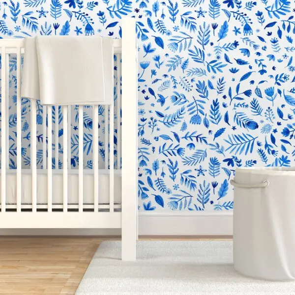 Spoonflower Blue Flowers Leaves Floral Blues Foliage Fleurs Custom Pre-pasted Wallpaper - Blue,gray