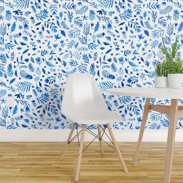 Spoonflower Blue Flowers Leaves Floral Blues Foliage Fleurs Custom Pre-pasted Wallpaper - Blue,gray