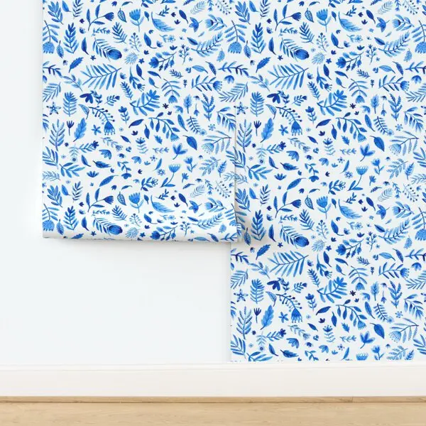 Spoonflower Blue Flowers Leaves Floral Blues Foliage Fleurs Custom Pre-pasted Wallpaper - Blue,gray