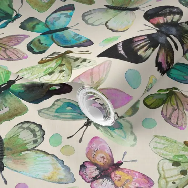 Spoonflower Green Butterflies Butterfly Watercolor Insects Custom Pre-pasted Wallpaper - Gray,green,red