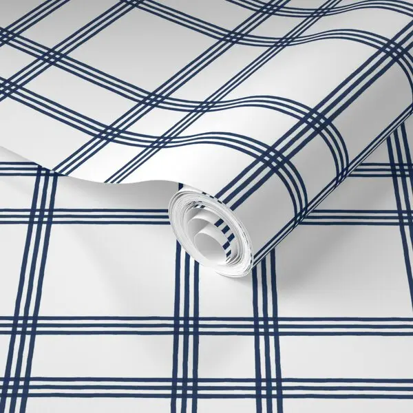 Spoonflower Stripe Plaid Country Check Navy Blue And White Custom Removable Wallpaper - Blue,white,gray