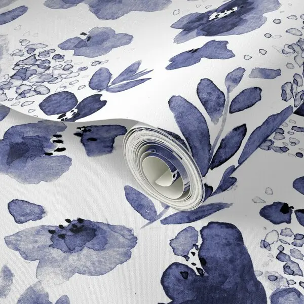 Spoonflower Blue Flower Print Indigo Navy Floral Custom Pre-pasted Wallpaper - Blue,white,gray