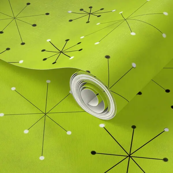 Spoonflower Lime Green Retro Star Vintage Dots Space 1960s Custom Removable Wallpaper - Green,black,yellow