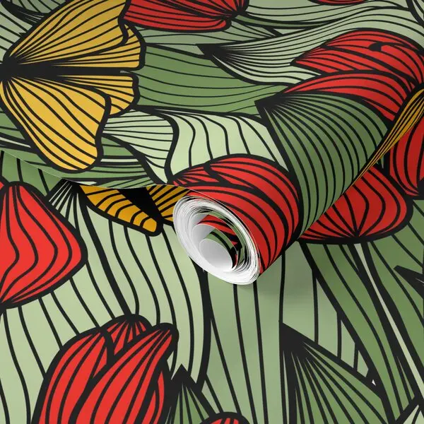 Spoonflower Tulip Butterfly Green Red Yellow Pollinators Traditional Wallpaper - Green,red,orange