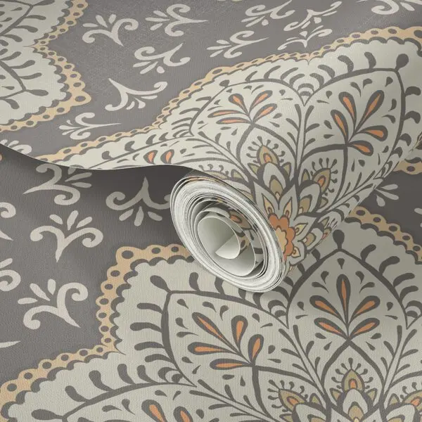 Spoonflower Earth Tone Mandala Neutral Florals Elegant Boho Custom Pre-pasted Wallpaper - Brown,gray,beige