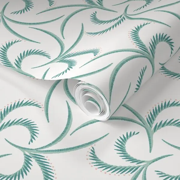 Spoonflower Brocante Arcs Ivory Aqua Custom Pre-pasted Wallpaper - Mint,green,gray