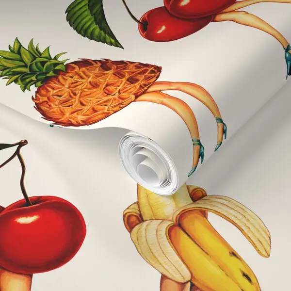 Spoonflower Vintage Retro Fruit Kitsch Cherry Banana Traditional Wallpaper - White,brown