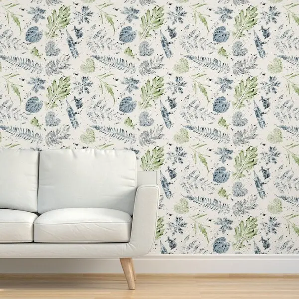 Spoonflower Painterly Leaves Blue 100% Natural Sisal Grasscloth Wallcovering