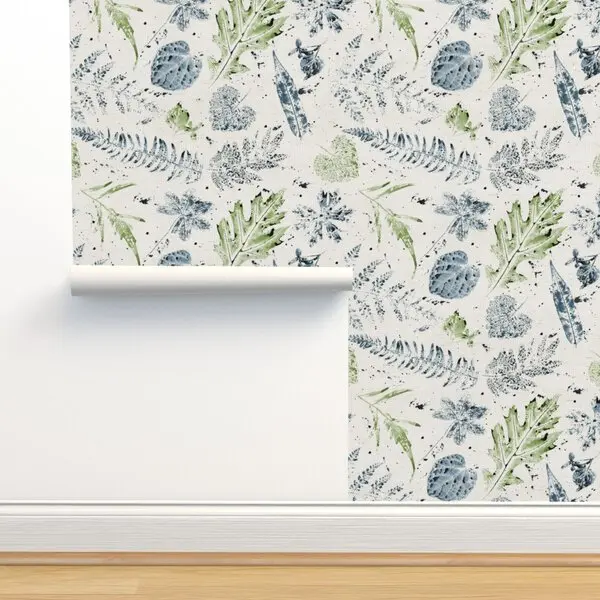 Spoonflower Painterly Leaves Blue 100% Natural Sisal Grasscloth Wallcovering