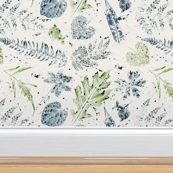 Spoonflower Painterly Leaves Blue 100% Natural Sisal Grasscloth Wallcovering