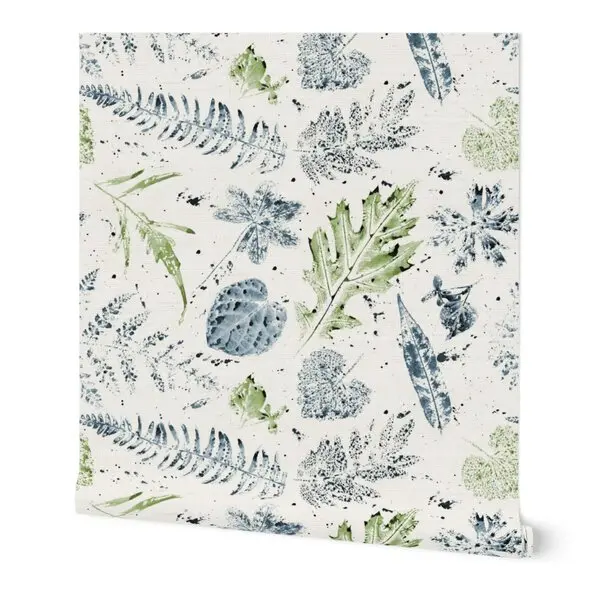 Spoonflower Painterly Leaves Blue 100% Natural Sisal Grasscloth Wallcovering