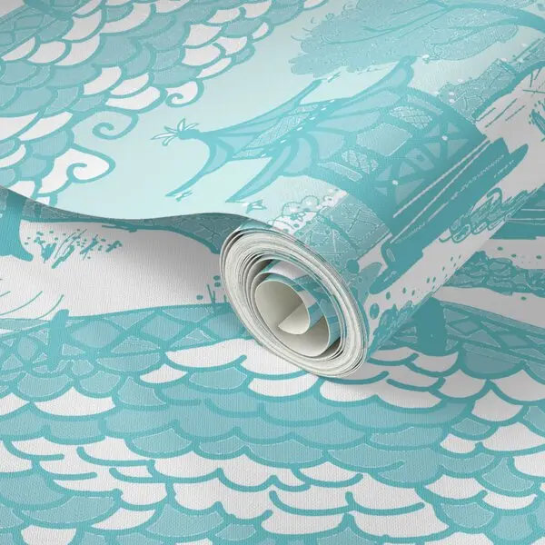 Spoonflower Cloud Pagoda Aqua White Chinoiserie Toile Clouds Custom Pre-pasted Wallpaper - Blue,white,mint