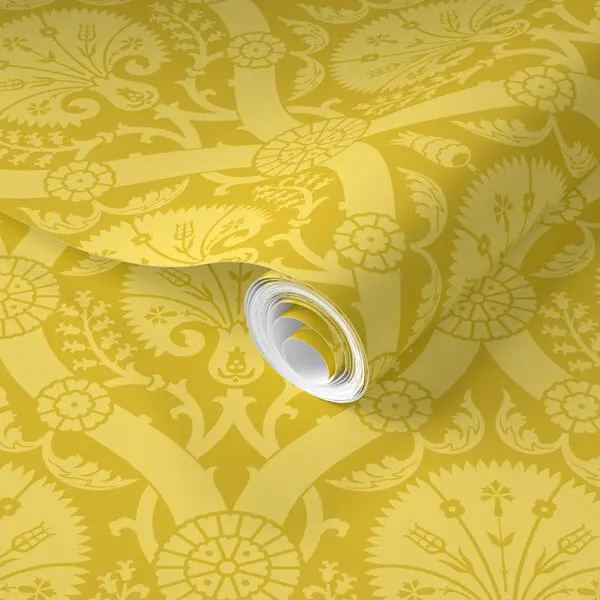 Spoonflower Floral Traditional Damask Persian Serpentine Traditional Wallpaper - Yellow