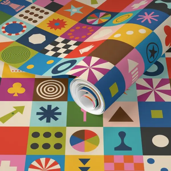 Spoonflower Game Star Dice Chess Board Games Custom Pre-pasted Wallpaper - Red,blue,orange