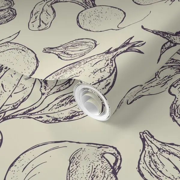 Spoonflower Veggies Gardening Vegetables Harvest Vintage Retro Custom Removable Wallpaper - Gray