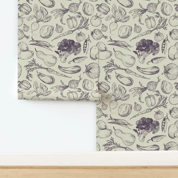 Spoonflower Veggies Gardening Vegetables Harvest Vintage Retro Custom Removable Wallpaper - Gray