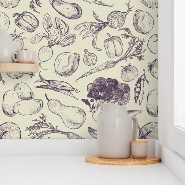 Spoonflower Veggies Gardening Vegetables Harvest Vintage Retro Custom Removable Wallpaper - Gray