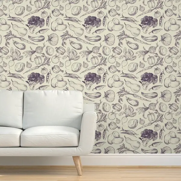 Spoonflower Veggies Gardening Vegetables Harvest Vintage Retro Custom Removable Wallpaper - Gray
