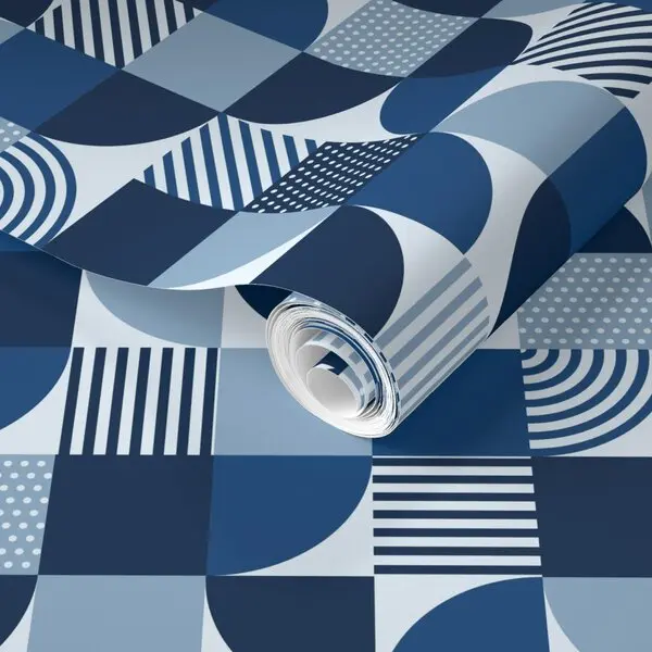 Spoonflower Blue Geometric Abstract Lines Monochromatic Shapes Traditional Wallpaper - Blue,black