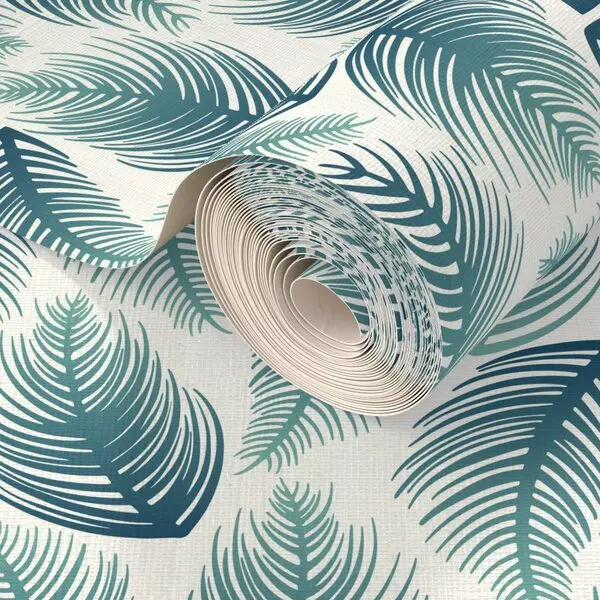 Spoonflower Palm Leaves Blue Ombre + White 100% Natural Sisal Grasscloth Wallcovering - White,blue