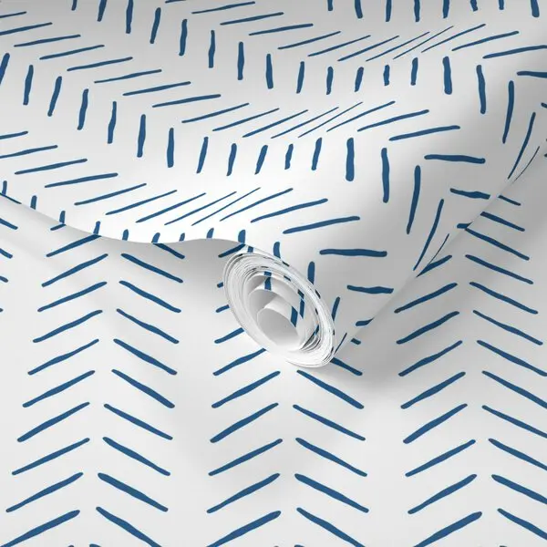 Spoonflower Blue Navy Vertical Herringbone Custom Pre-pasted Wallpaper - Blue,white,mint